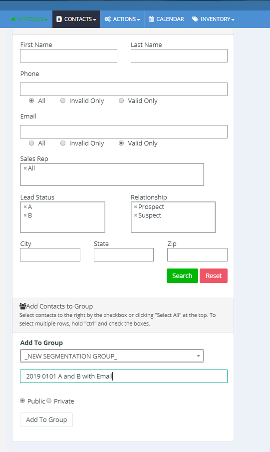 Creating a Contact Group using basic search – Focus-3 Help Center